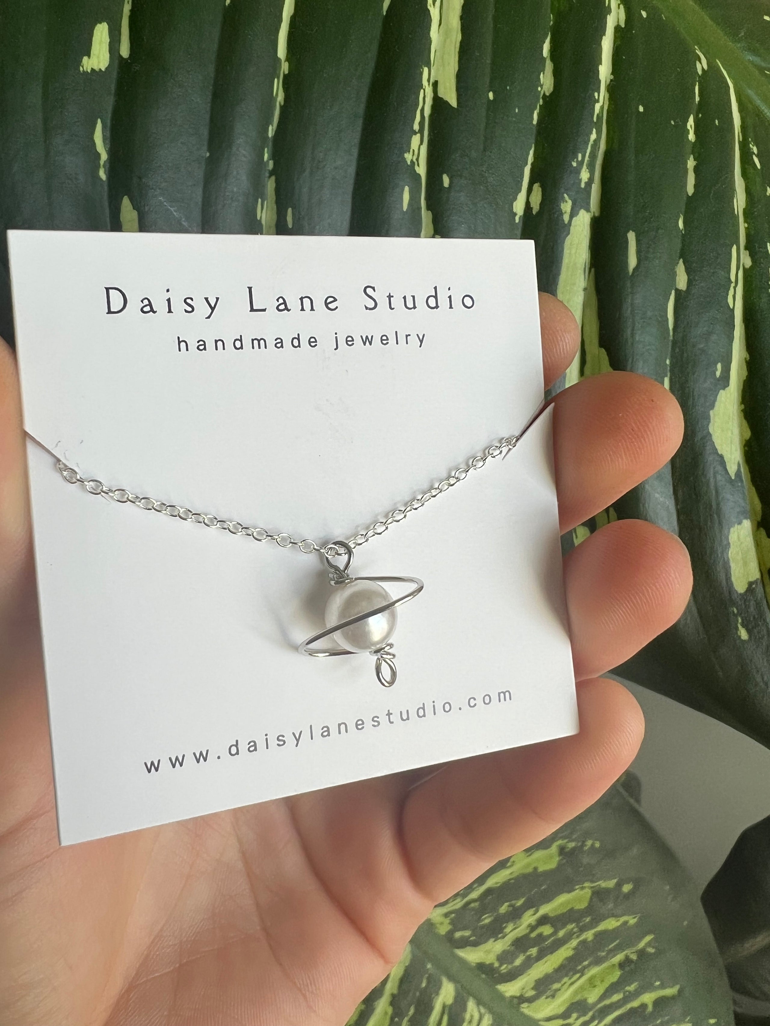 Silver Plated Pearl Planet Charm Necklace Daisy Lane Studio Handmade Jewelry Home Decor Accessories